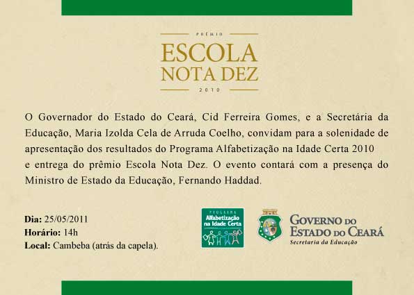 CONVITE SOLENIDADE PRÊMIO ESCOLA NOTA DEZ- SPAECE ALFA 2010 ...